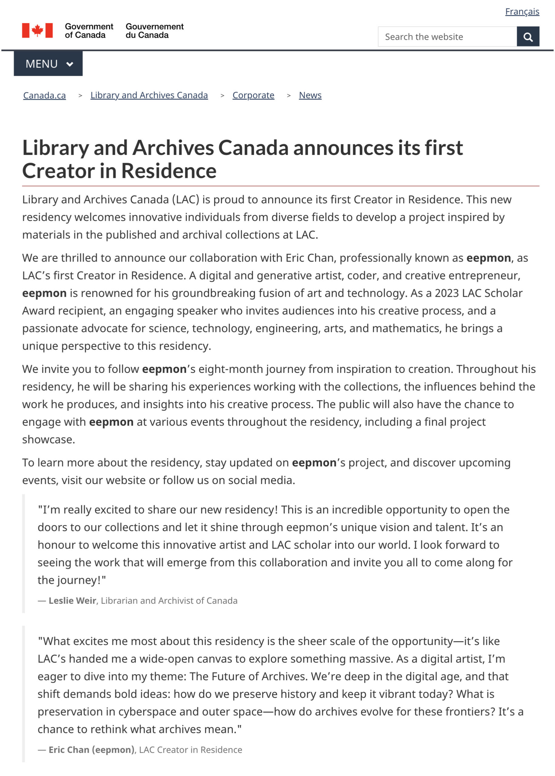 Library & Archives Canada | Creator in Residence 2025 | World of EEPs